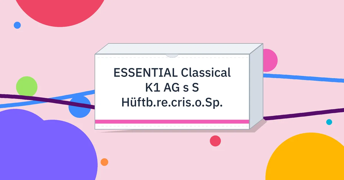 Symbolbild: Packung mit der Aufschrift ESSENTIAL Classical K1 AG s S Hüftb.re.cris.o.Sp. (PZN 17012237) – Verfügbarkeit und Bezug in Apotheken in Frankfurt am Main