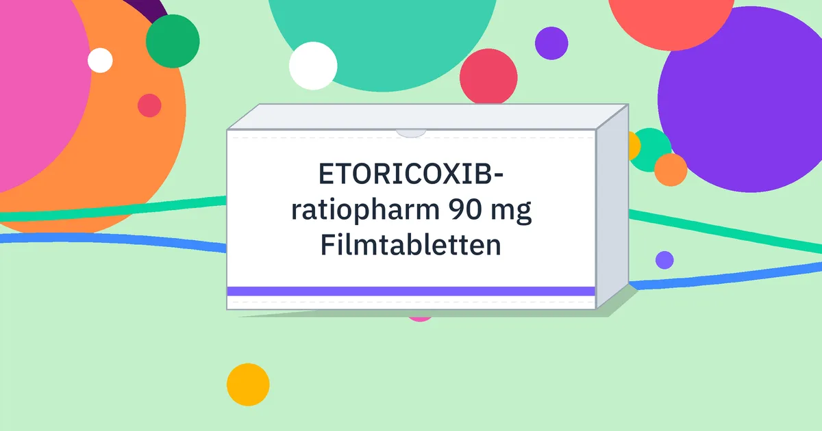 Symbolbild: Packung mit der Aufschrift ETORICOXIB-ratiopharm 90 mg Filmtabletten (PZN 12377135) – Verfügbarkeit und Bezug in Apotheken in Frankfurt am Main