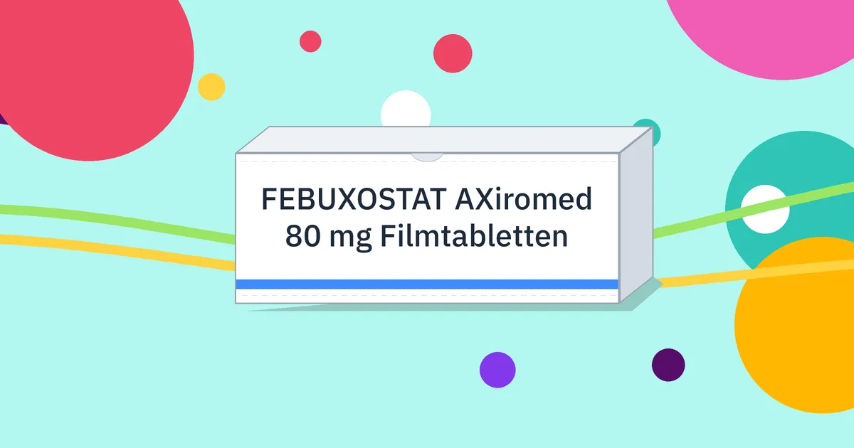 Symbolbild: Packung mit der Aufschrift FEBUXOSTAT AXiromed 80 mg Filmtabletten (PZN 15425047) – Verfügbarkeit und Bezug in Apotheken in Frankfurt am Main