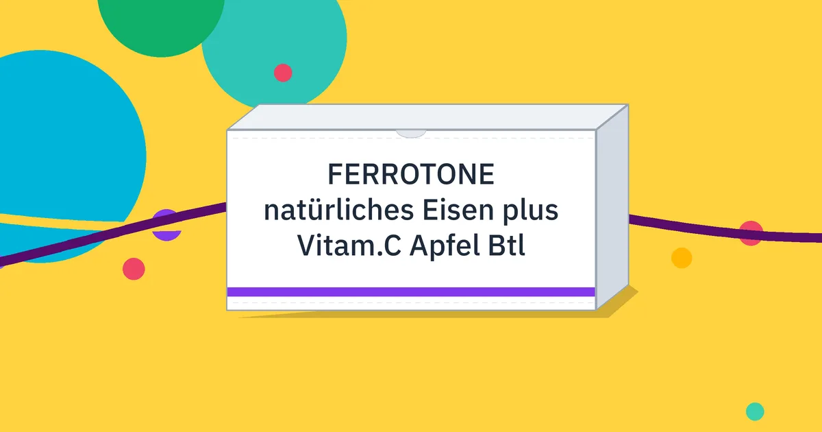 Symbolbild: Packung mit der Aufschrift FERROTONE natürliches Eisen plus Vitam.C Apfel Btl (PZN 17888366) – Verfügbarkeit und Bezug in Apotheken in Frankfurt am Main