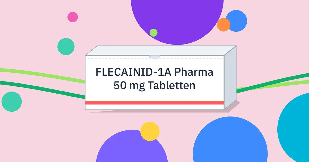 Symbolbild: Packung mit der Aufschrift FLECAINID-1A Pharma 50 mg Tabletten (PZN 01889872) – Verfügbarkeit und Bezug in Apotheken in Frankfurt am Main