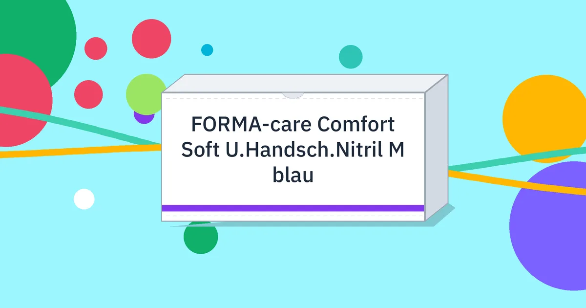 Symbolbild: Packung mit der Aufschrift FORMA-care Comfort Soft U.Handsch.Nitril M blau (PZN 11642641) – Verfügbarkeit und Bezug in Apotheken in Frankfurt am Main