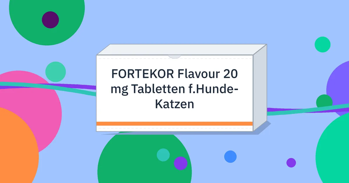 Symbolbild: Packung mit der Aufschrift FORTEKOR Flavour 20 mg Tabletten f.Hunde-Katzen (PZN 01309047) – Verfügbarkeit und Bezug in Apotheken in Frankfurt am Main