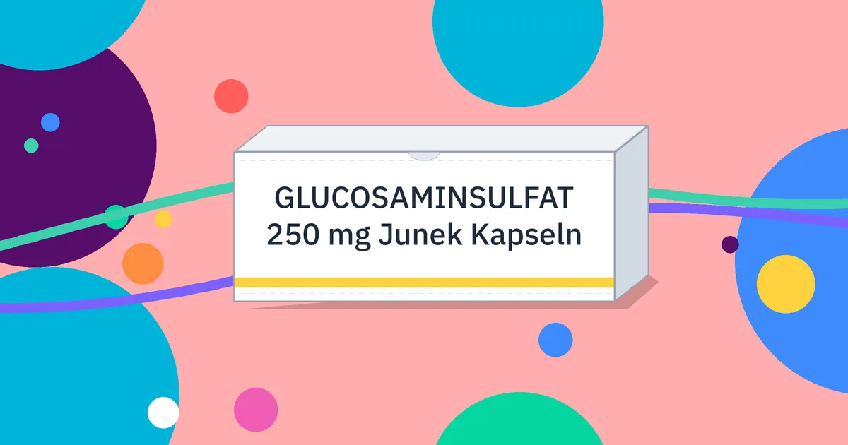 Symbolbild: Packung mit der Aufschrift GLUCOSAMINSULFAT 250 mg Junek Kapseln (PZN 01021783) – Verfügbarkeit und Bezug in Apotheken in Frankfurt am Main