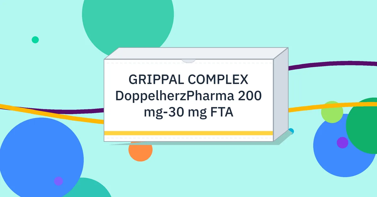Symbolbild: Packung mit der Aufschrift GRIPPAL COMPLEX DoppelherzPharma 200 mg-30 mg FTA (PZN 14227635) – Verfügbarkeit und Bezug in Apotheken in Frankfurt am Main