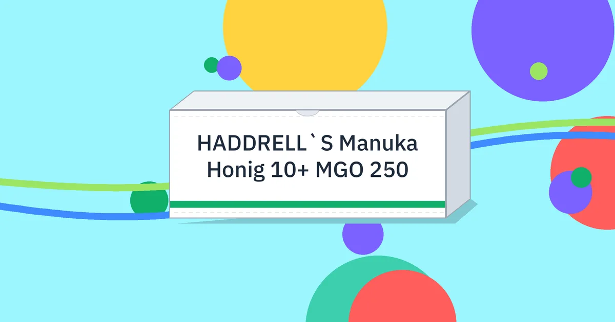 Symbolbild: Packung mit der Aufschrift HADDRELL`S Manuka Honig 10+ MGO 250 (PZN 15814820) – Verfügbarkeit und Bezug in Apotheken in Frankfurt am Main