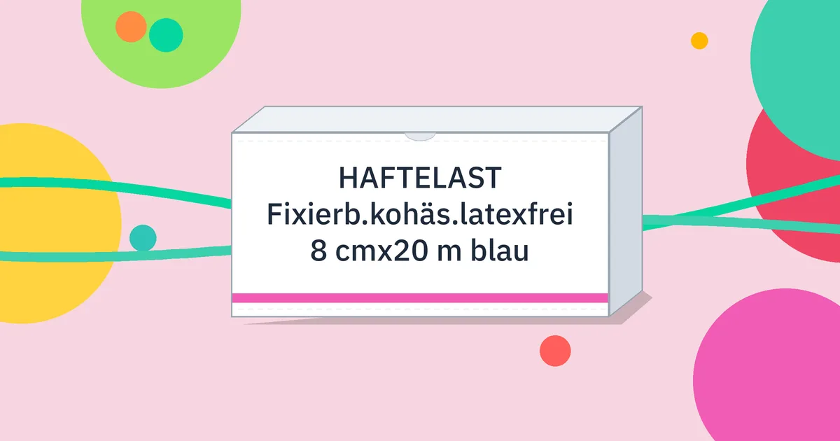 Symbolbild: Packung mit der Aufschrift HAFTELAST Fixierb.kohäs.latexfrei 8 cmx20 m blau (PZN 08817261) – Verfügbarkeit und Bezug in Apotheken in Frankfurt am Main