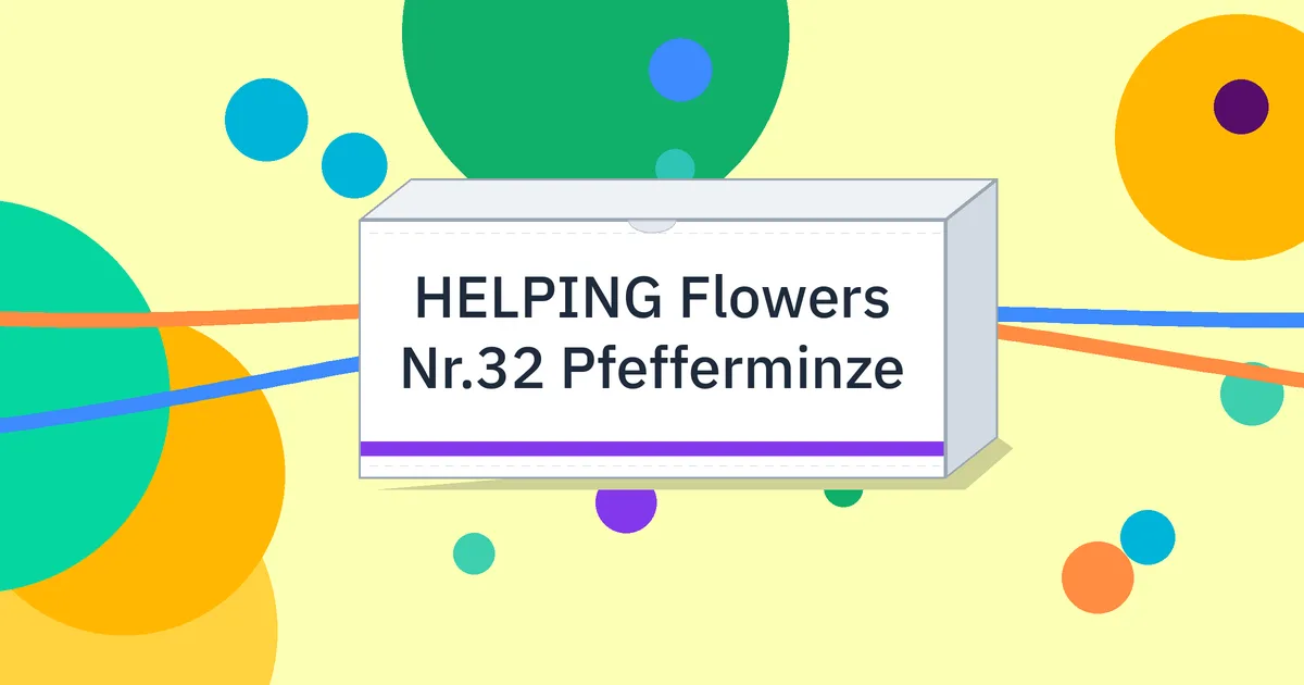 Symbolbild: Packung mit der Aufschrift HELPING Flowers Nr.32 Pfefferminze (PZN 12499950) – Verfügbarkeit und Bezug in Apotheken in Frankfurt am Main
