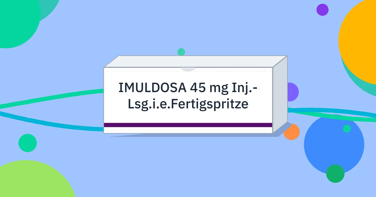 Symbolbild: Packung mit der Aufschrift IMULDOSA 45 mg Inj.-Lsg.i.e.Fertigspritze (PZN 19523232) – Verfügbarkeit und Bezug in Apotheken in Frankfurt am Main
