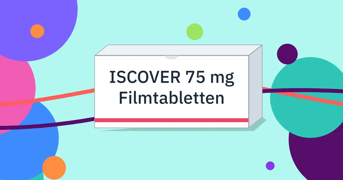 Symbolbild: Packung mit der Aufschrift ISCOVER 75 mg Filmtabletten (PZN 01093883) – Verfügbarkeit und Bezug in Apotheken in Frankfurt am Main