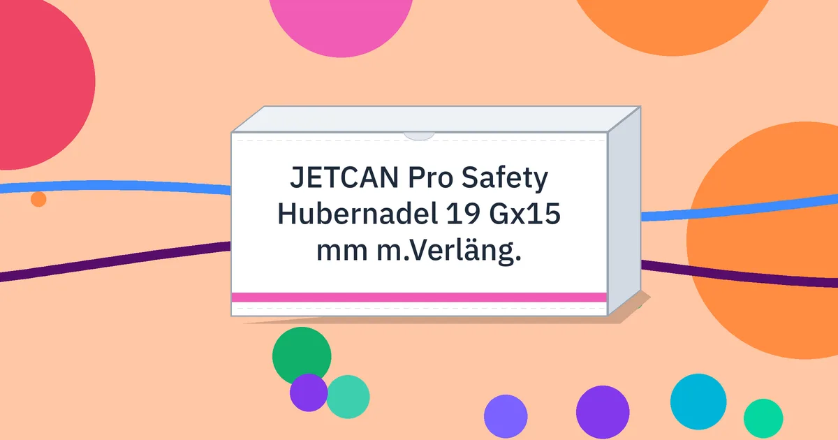 Symbolbild: Packung mit der Aufschrift JETCAN Pro Safety Hubernadel 19 Gx15 mm m.Verläng. (PZN 19238738) – Verfügbarkeit und Bezug in Apotheken in Frankfurt am Main