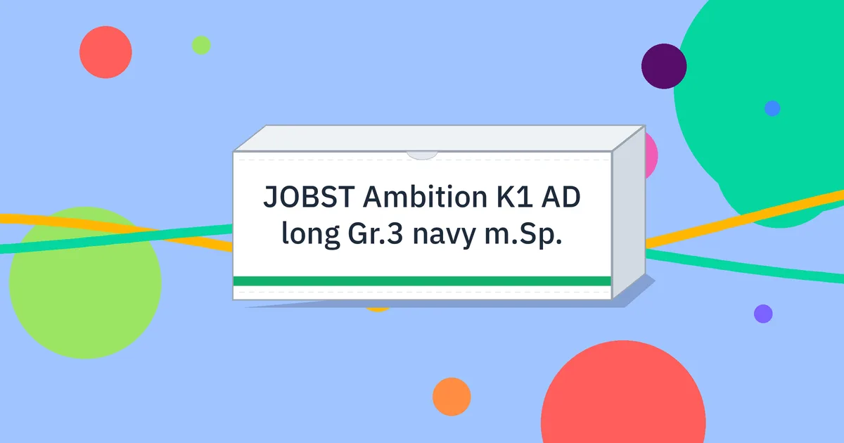 Symbolbild: Packung mit der Aufschrift JOBST Ambition K1 AD long Gr.3 navy m.Sp. (PZN 11019971) – Verfügbarkeit und Bezug in Apotheken in Frankfurt am Main