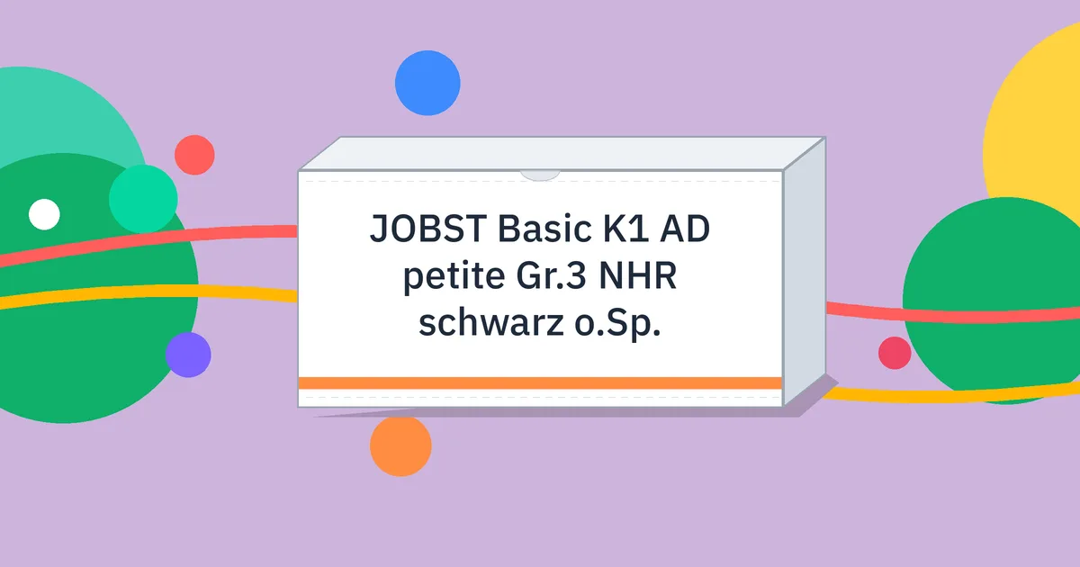 Symbolbild: Packung mit der Aufschrift JOBST Basic K1 AD petite Gr.3 NHR schwarz o.Sp. (PZN 15313503) – Verfügbarkeit und Bezug in Apotheken in Frankfurt am Main