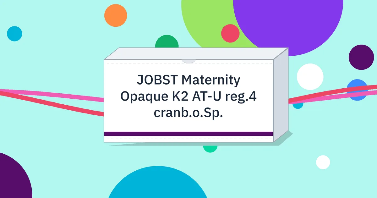 Symbolbild: Packung mit der Aufschrift JOBST Maternity Opaque K2 AT-U reg.4 cranb.o.Sp. (PZN 15858786) – Verfügbarkeit und Bezug in Apotheken in Frankfurt am Main