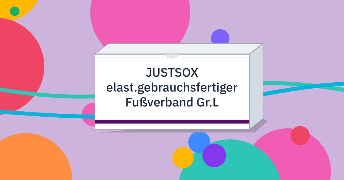 Symbolbild: Packung mit der Aufschrift JUSTSOX elast.gebrauchsfertiger Fußverband Gr.L (PZN 19903561) – Verfügbarkeit und Bezug in Apotheken in Frankfurt am Main