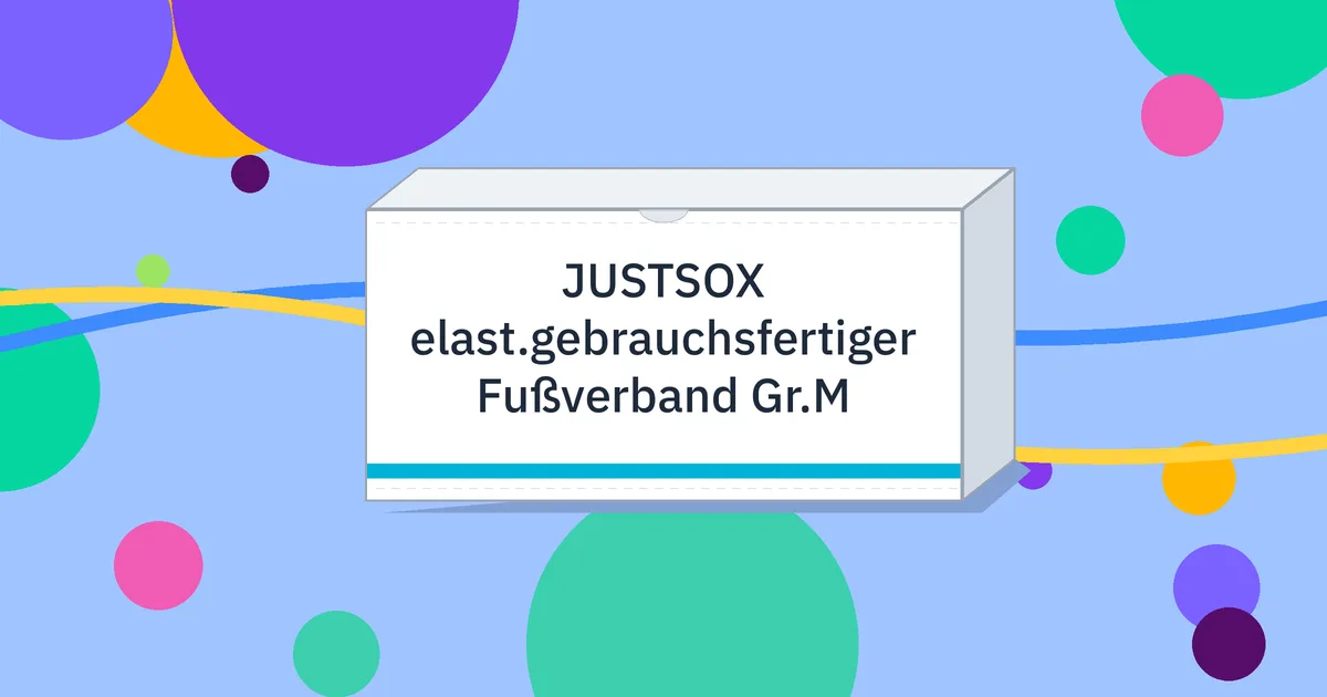 Symbolbild: Packung mit der Aufschrift JUSTSOX elast.gebrauchsfertiger Fußverband Gr.M (PZN 19180803) – Verfügbarkeit und Bezug in Apotheken in Frankfurt am Main