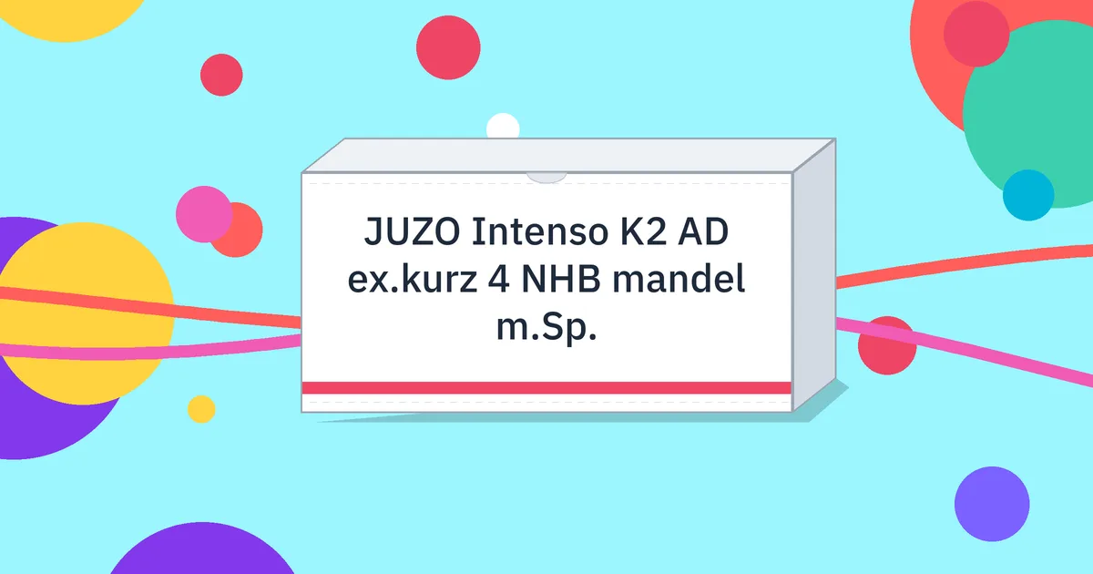 Symbolbild: Packung mit der Aufschrift JUZO Intenso K2 AD ex.kurz 4 NHB mandel m.Sp. (PZN 18611715) – Verfügbarkeit und Bezug in Apotheken in Frankfurt am Main