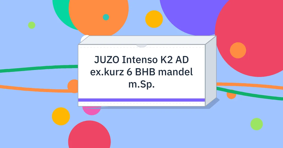 Symbolbild: Packung mit der Aufschrift JUZO Intenso K2 AD ex.kurz 6 BHB mandel m.Sp. (PZN 18615274) – Verfügbarkeit und Bezug in Apotheken in Frankfurt am Main