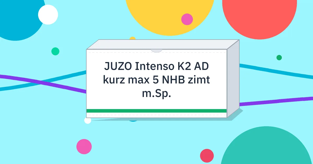 Symbolbild: Packung mit der Aufschrift JUZO Intenso K2 AD kurz max 5 NHB zimt m.Sp. (PZN 18612117) – Verfügbarkeit und Bezug in Apotheken in Frankfurt am Main
