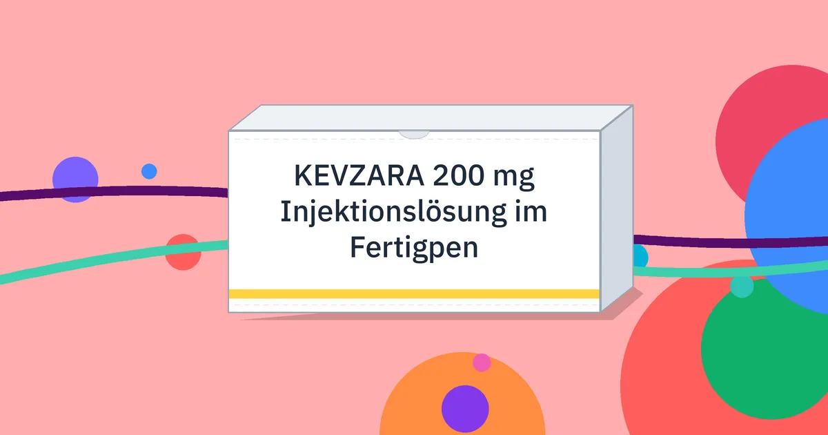 Symbolbild: Packung mit der Aufschrift KEVZARA 200 mg Injektionslösung im Fertigpen (PZN 19150009) – Verfügbarkeit und Bezug in Apotheken in Frankfurt am Main