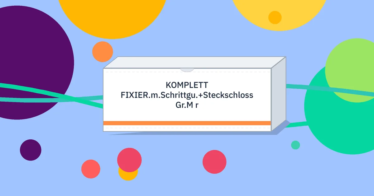 Symbolbild: Packung mit der Aufschrift KOMPLETT FIXIER.m.Schrittgu.+Steckschloss Gr.M r (PZN 11573489) – Verfügbarkeit und Bezug in Apotheken in Frankfurt am Main