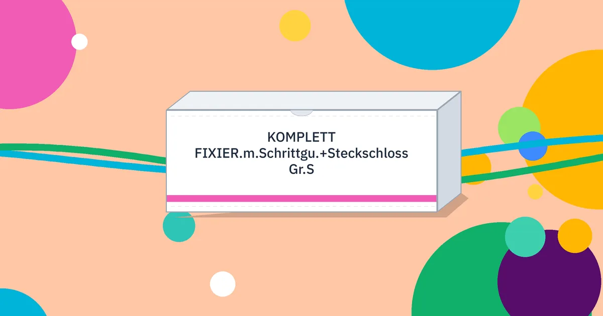Symbolbild: Packung mit der Aufschrift KOMPLETT FIXIER.m.Schrittgu.+Steckschloss Gr.S (PZN 11573377) – Verfügbarkeit und Bezug in Apotheken in Frankfurt am Main