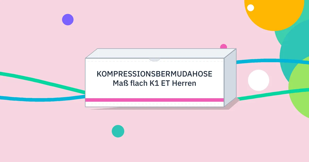 Symbolbild: Packung mit der Aufschrift KOMPRESSIONSBERMUDAHOSE Maß flach K1 ET Herren (PZN 16745989) – Verfügbarkeit und Bezug in Apotheken in Frankfurt am Main
