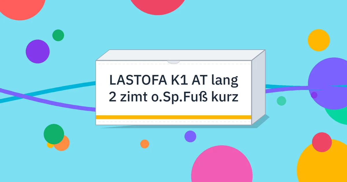 Symbolbild: Packung mit der Aufschrift LASTOFA K1 AT lang 2 zimt o.Sp.Fuß kurz (PZN 13795449) – Verfügbarkeit und Bezug in Apotheken in Frankfurt am Main