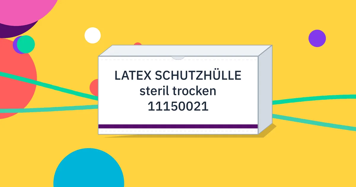 Symbolbild: Packung mit der Aufschrift LATEX SCHUTZHÜLLE steril trocken 11150021 (PZN 03443933) – Verfügbarkeit und Bezug in Apotheken in Frankfurt am Main