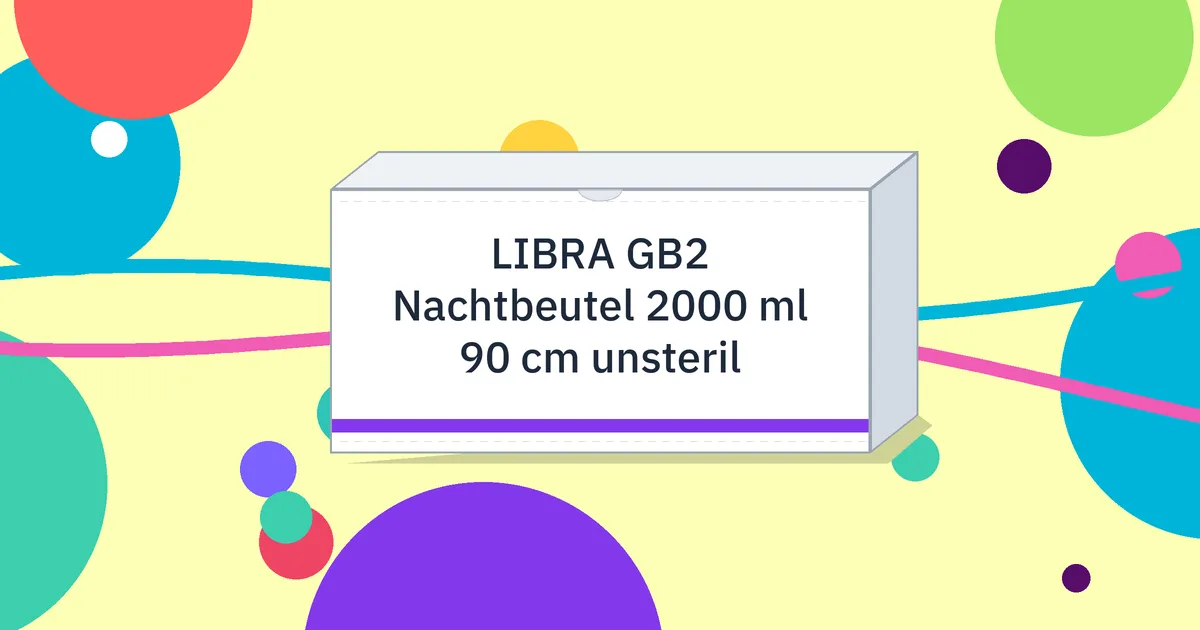 Symbolbild: Packung mit der Aufschrift LIBRA GB2 Nachtbeutel 2000 ml 90 cm unsteril (PZN 19926639) – Verfügbarkeit und Bezug in Apotheken in Frankfurt am Main