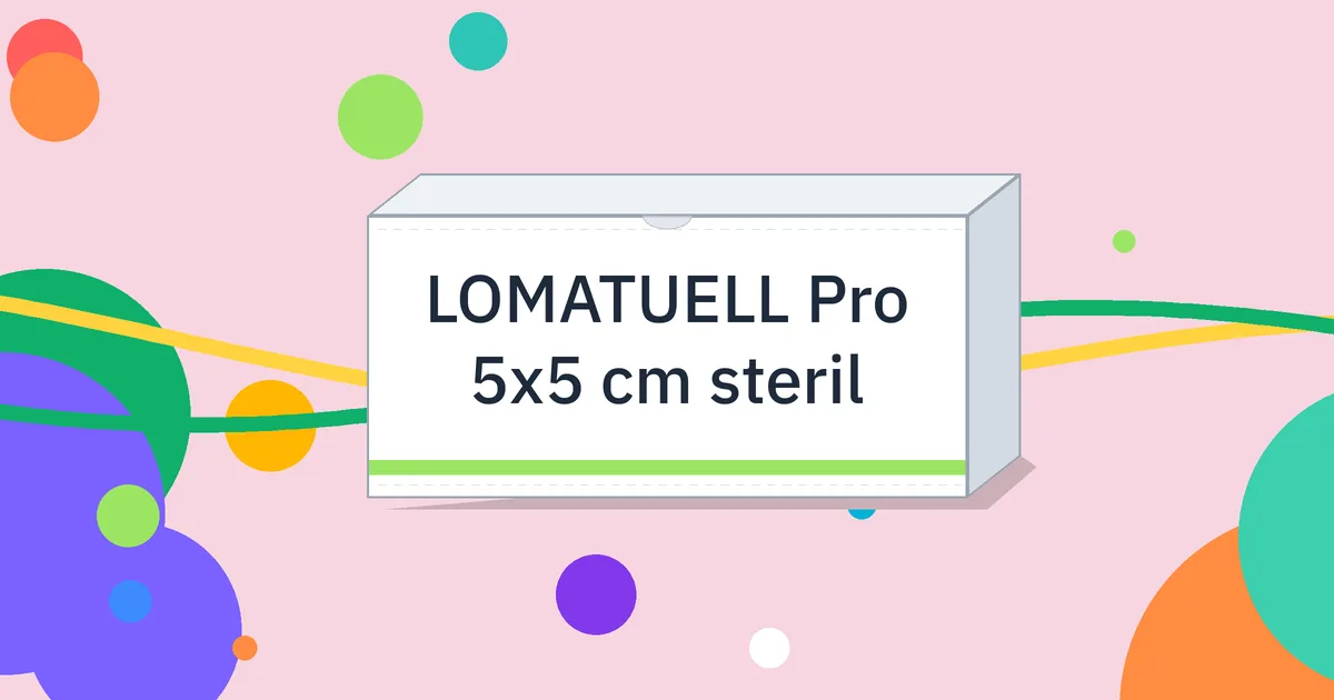 Symbolbild: Packung mit der Aufschrift LOMATUELL Pro 5x5 cm steril (PZN 17842217) – Verfügbarkeit und Bezug in Apotheken in Frankfurt am Main
