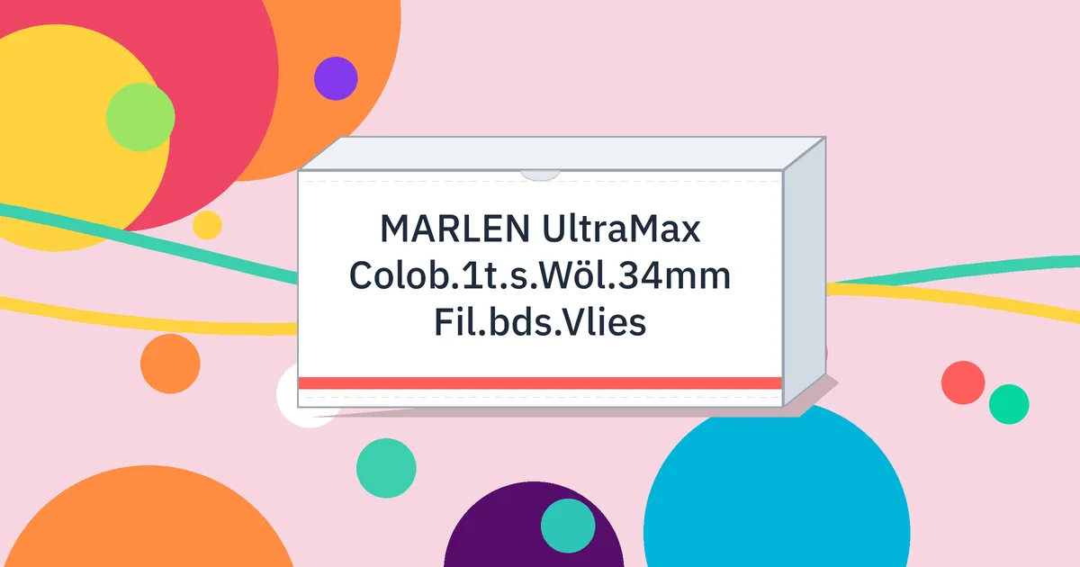 Symbolbild: Packung mit der Aufschrift MARLEN UltraMax Colob.1t.s.Wöl.34mm Fil.bds.Vlies (PZN 03293190) – Verfügbarkeit und Bezug in Apotheken in Frankfurt am Main