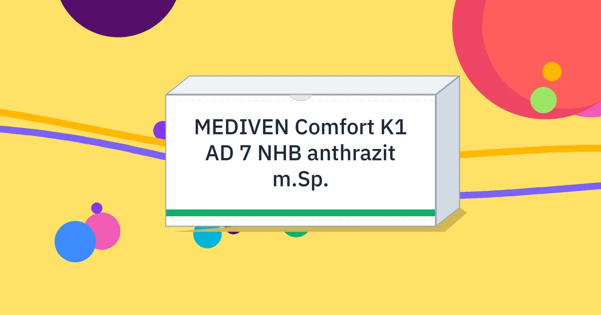 Symbolbild: Packung mit der Aufschrift MEDIVEN Comfort K1 AD 7 NHB anthrazit m.Sp. (PZN 14560010) – Verfügbarkeit und Bezug in Apotheken in Frankfurt am Main