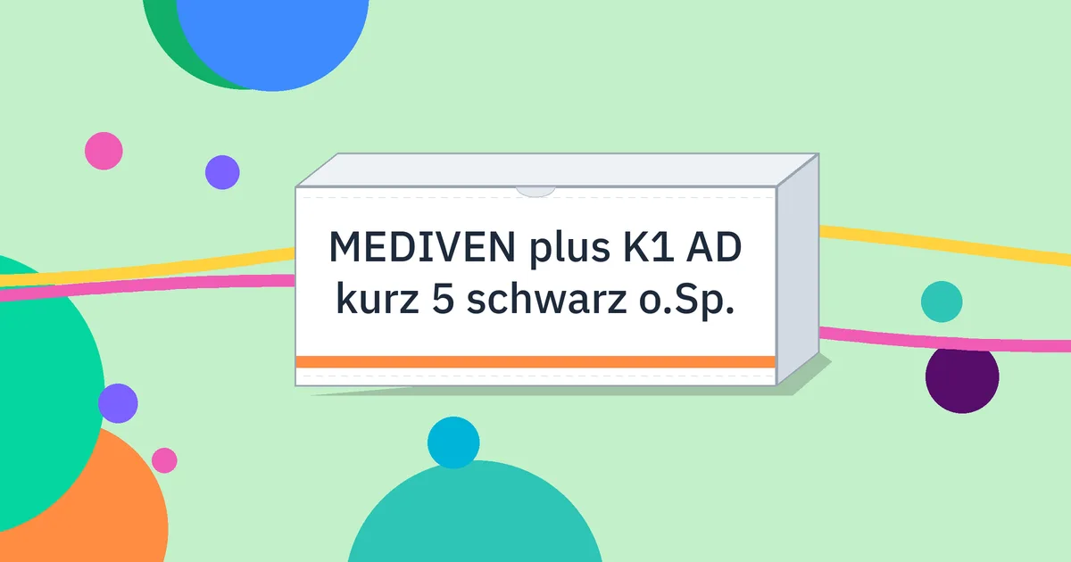 Symbolbild: Packung mit der Aufschrift MEDIVEN plus K1 AD kurz 5 schwarz o.Sp. (PZN 14181620) – Verfügbarkeit und Bezug in Apotheken in Frankfurt am Main