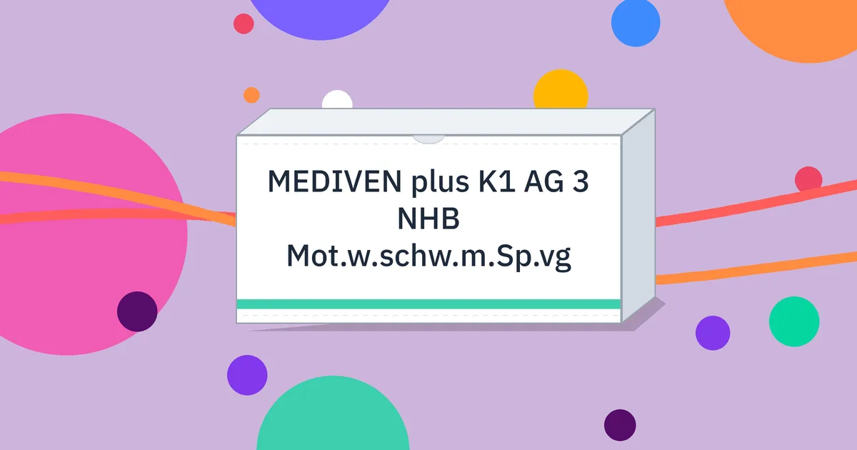Symbolbild: Packung mit der Aufschrift MEDIVEN plus K1 AG 3 NHB Mot.w.schw.m.Sp.vg (PZN 15921071) – Verfügbarkeit und Bezug in Apotheken in Frankfurt am Main
