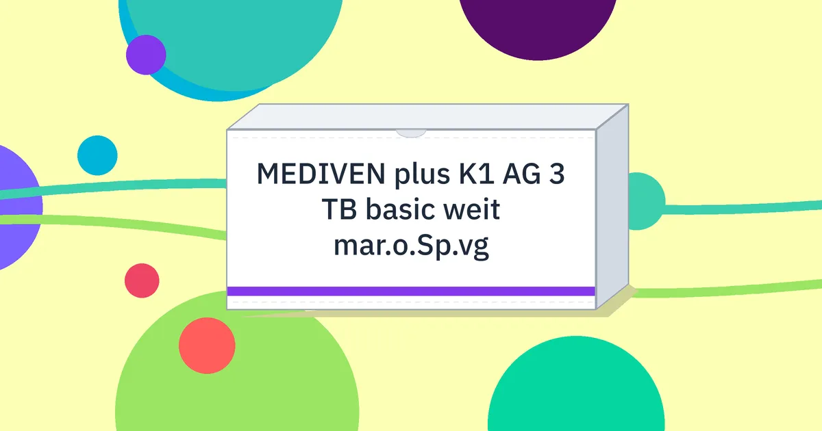 Symbolbild: Packung mit der Aufschrift MEDIVEN plus K1 AG 3 TB basic weit mar.o.Sp.vg (PZN 15058040) – Verfügbarkeit und Bezug in Apotheken in Frankfurt am Main