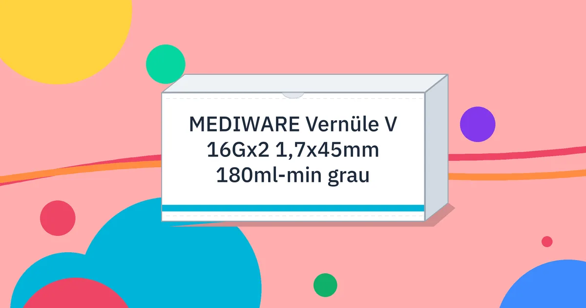 Symbolbild: Packung mit der Aufschrift MEDIWARE Vernüle V 16Gx2 1,7x45mm 180ml-min grau (PZN 16034308) – Verfügbarkeit und Bezug in Apotheken in Frankfurt am Main