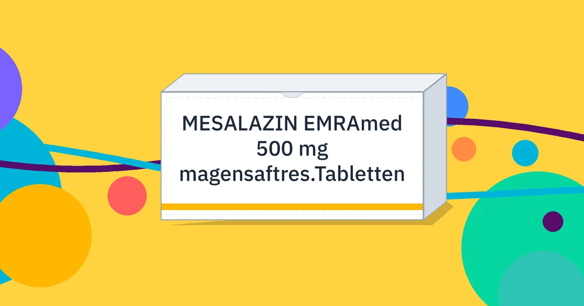 Symbolbild: Packung mit der Aufschrift MESALAZIN EMRAmed 500 mg magensaftres.Tabletten (PZN 12355085) – Verfügbarkeit und Bezug in Apotheken in Frankfurt am Main