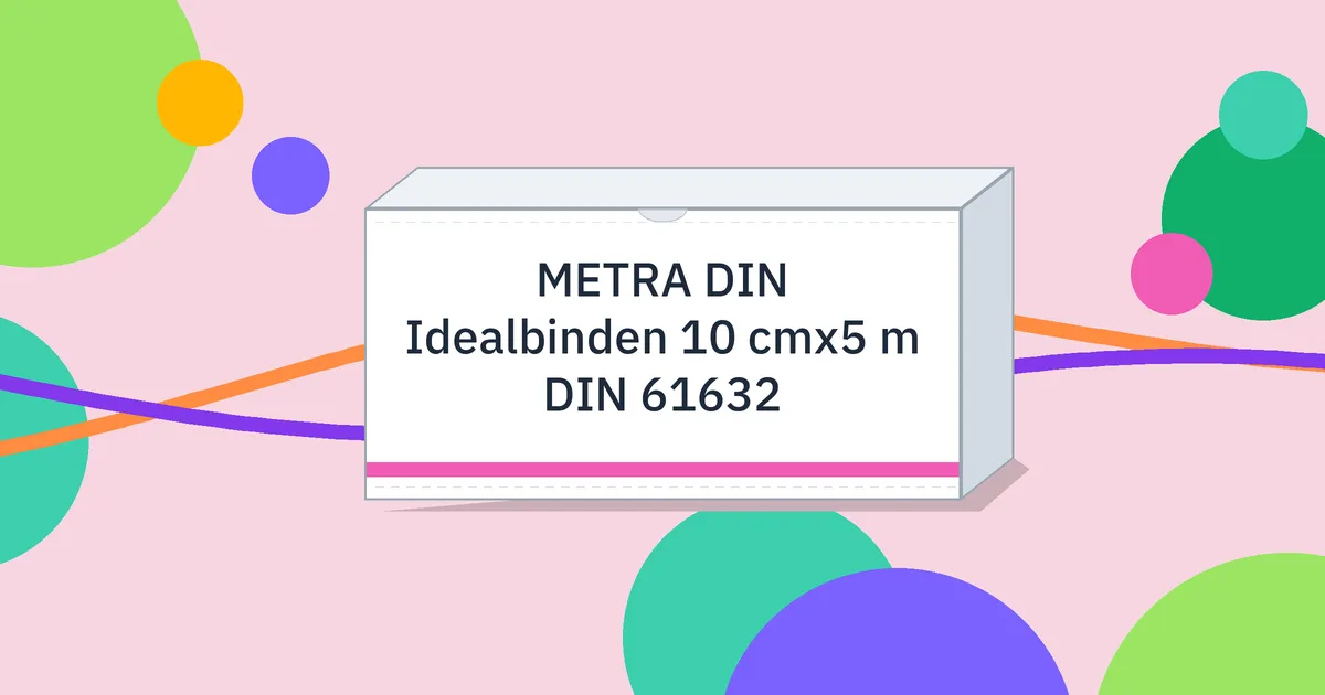 Symbolbild: Packung mit der Aufschrift METRA DIN Idealbinden 10 cmx5 m DIN 61632 (PZN 07772237) – Verfügbarkeit und Bezug in Apotheken in Frankfurt am Main