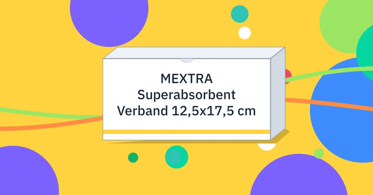 Symbolbild: Packung mit der Aufschrift MEXTRA Superabsorbent Verband 12,5x17,5 cm (PZN 12513101) – Verfügbarkeit und Bezug in Apotheken in Frankfurt am Main