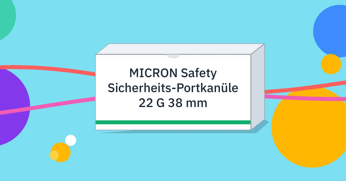 Symbolbild: Packung mit der Aufschrift MICRON Safety Sicherheits-Portkanüle 22 G 38 mm (PZN 19146373) – Verfügbarkeit und Bezug in Apotheken in Frankfurt am Main