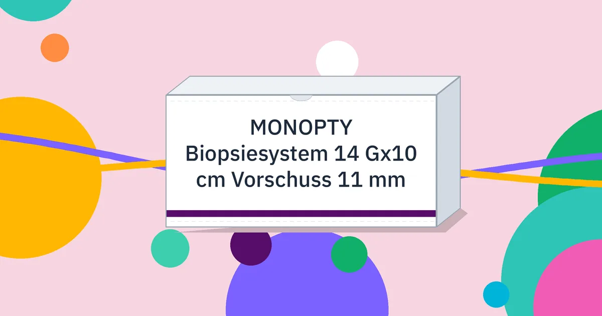 Symbolbild: Packung mit der Aufschrift MONOPTY Biopsiesystem 14 Gx10 cm Vorschuss 11 mm (PZN 03470663) – Verfügbarkeit und Bezug in Apotheken in Frankfurt am Main
