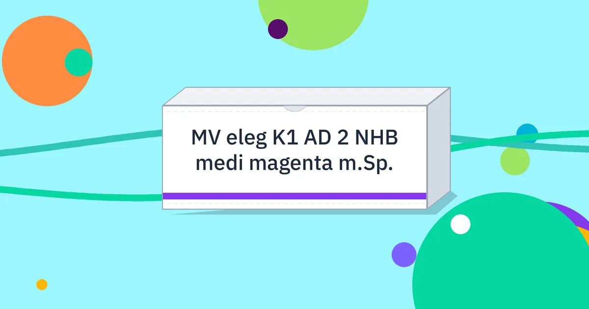 Symbolbild: Packung mit der Aufschrift MV eleg K1 AD 2 NHB medi magenta m.Sp. (PZN 15674738) – Verfügbarkeit und Bezug in Apotheken in Frankfurt am Main