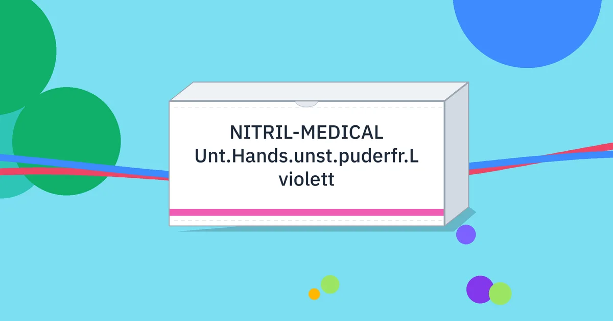 Symbolbild: Packung mit der Aufschrift NITRIL-MEDICAL Unt.Hands.unst.puderfr.L violett (PZN 18408380) – Verfügbarkeit und Bezug in Apotheken in Frankfurt am Main