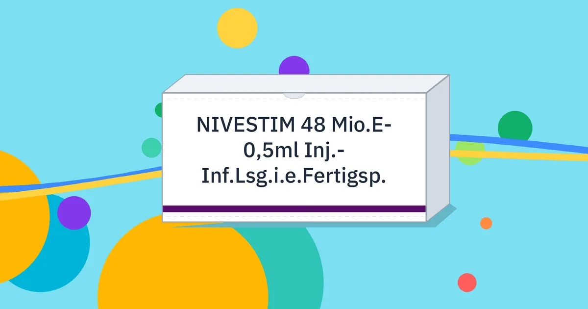 Symbolbild: Packung mit der Aufschrift NIVESTIM 48 Mio.E-0,5ml Inj.-Inf.Lsg.i.e.Fertigsp. (PZN 13881829) – Verfügbarkeit und Bezug in Apotheken in Frankfurt am Main