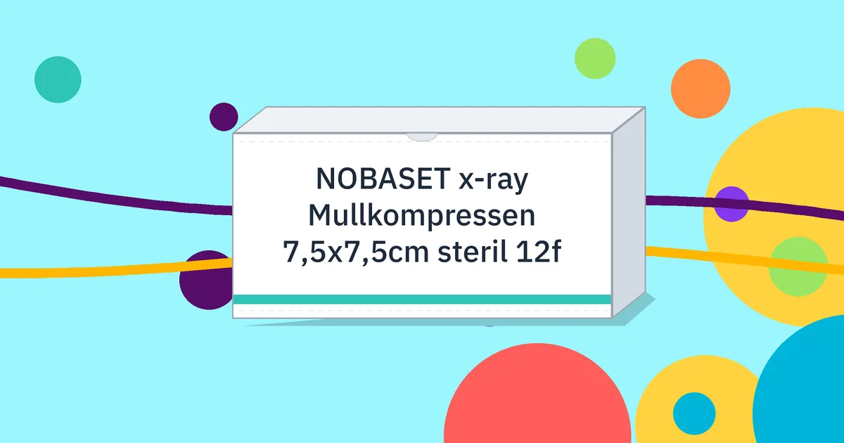 Symbolbild: Packung mit der Aufschrift NOBASET x-ray Mullkompressen 7,5x7,5cm steril 12f (PZN 18365050) – Verfügbarkeit und Bezug in Apotheken in Frankfurt am Main