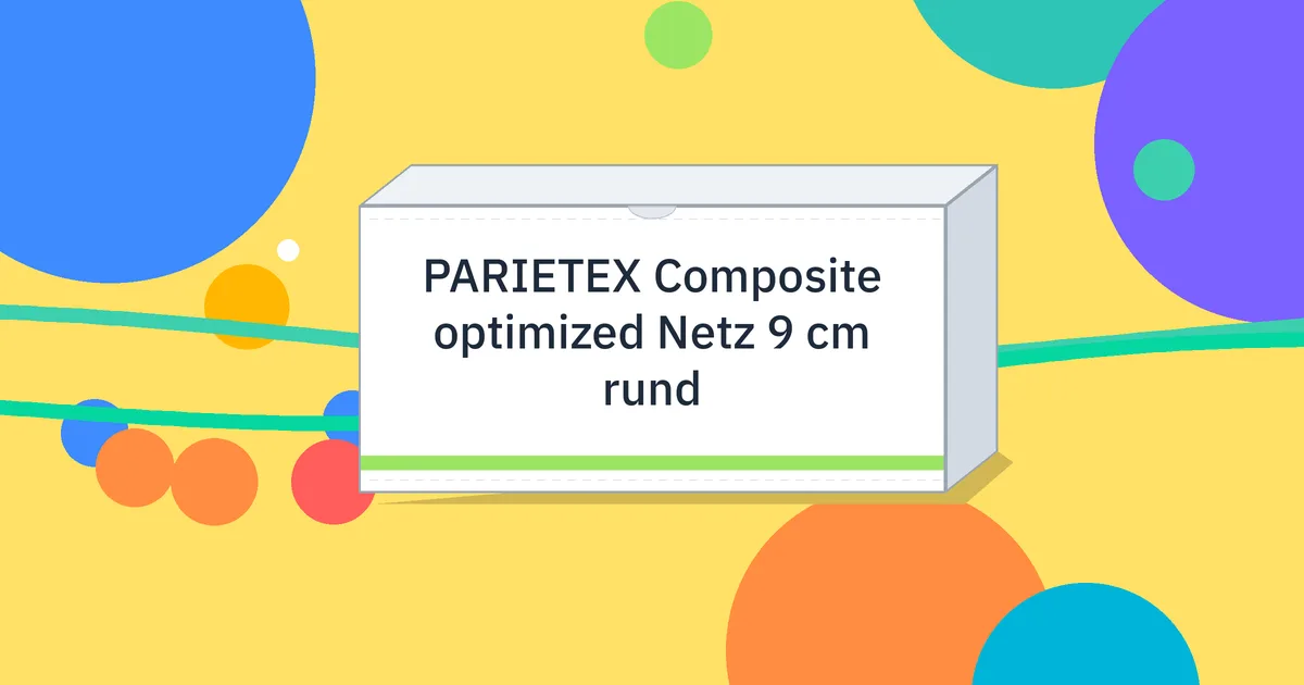 Symbolbild: Packung mit der Aufschrift PARIETEX Composite optimized Netz 9 cm rund (PZN 18258331) – Verfügbarkeit und Bezug in Apotheken in Frankfurt am Main