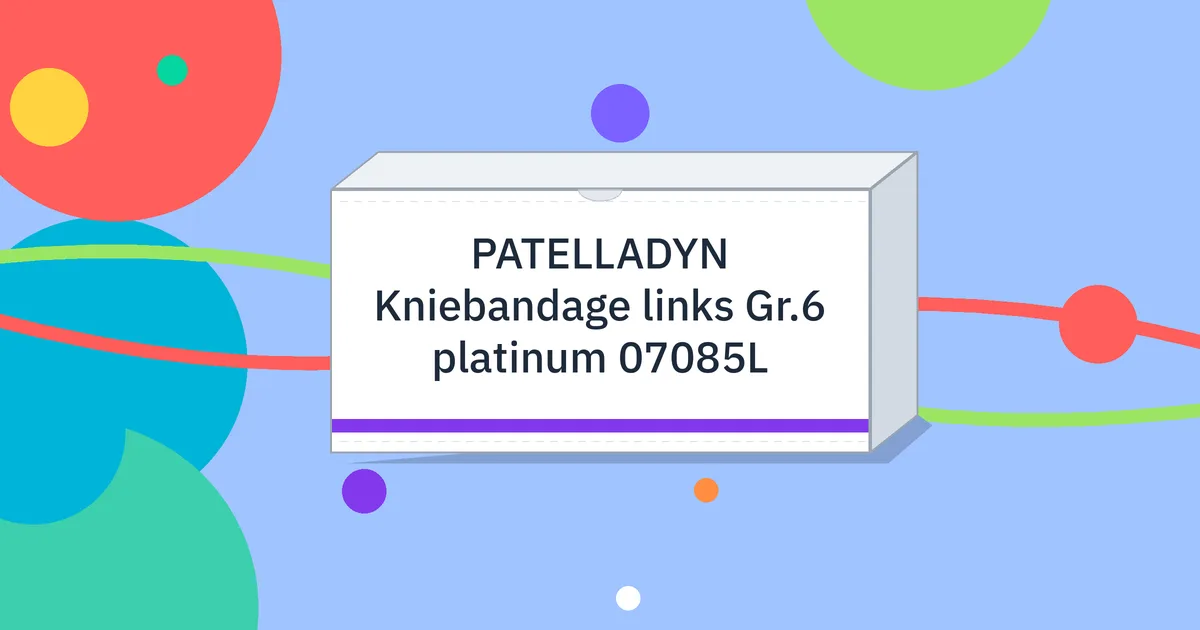 Symbolbild: Packung mit der Aufschrift PATELLADYN Kniebandage links Gr.6 platinum 07085L (PZN 08438026) – Verfügbarkeit und Bezug in Apotheken in Frankfurt am Main