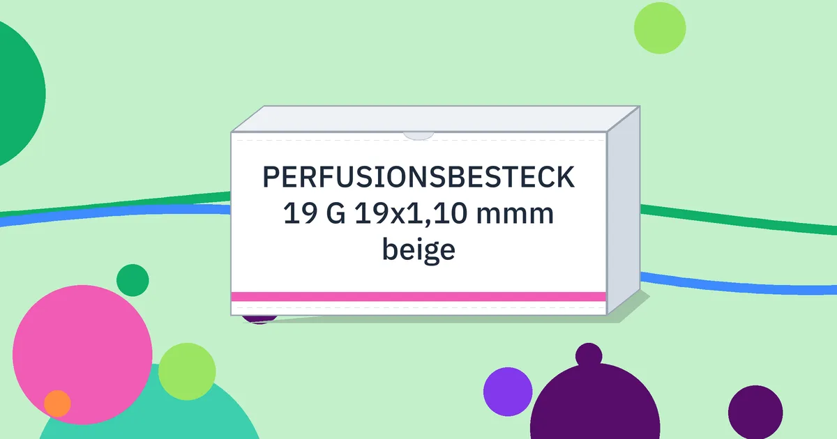 Symbolbild: Packung mit der Aufschrift PERFUSIONSBESTECK 19 G 19x1,10 mmm beige (PZN 13846595) – Verfügbarkeit und Bezug in Apotheken in Frankfurt am Main