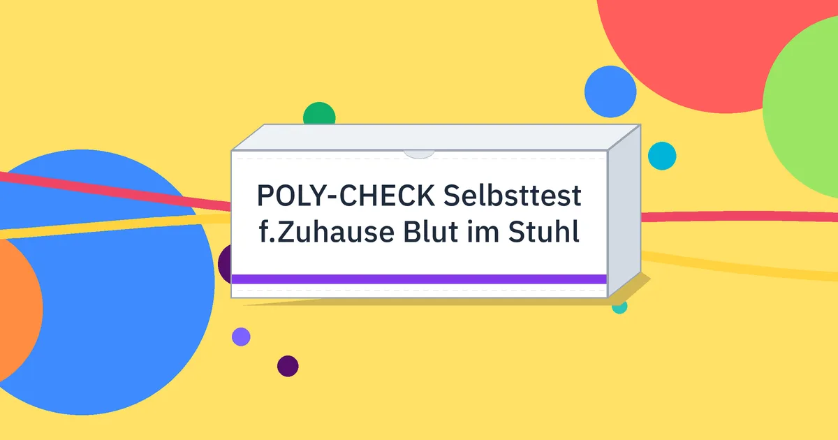 Symbolbild: Packung mit der Aufschrift POLY-CHECK Selbsttest f.Zuhause Blut im Stuhl (PZN 18376349) – Verfügbarkeit und Bezug in Apotheken in Frankfurt am Main
